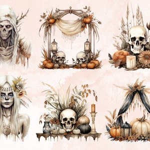 60 PNG Watercolor Boho Halloween Bundle Clipart, Bohemian Halloween ...