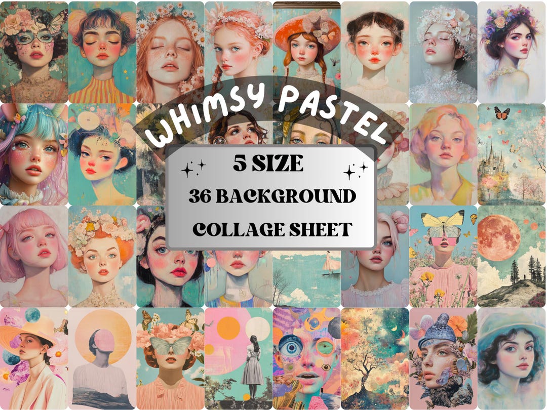 Whimsy Pastel Collage Paper, Pastel Surreal Art Mixed Media Sheet ...
