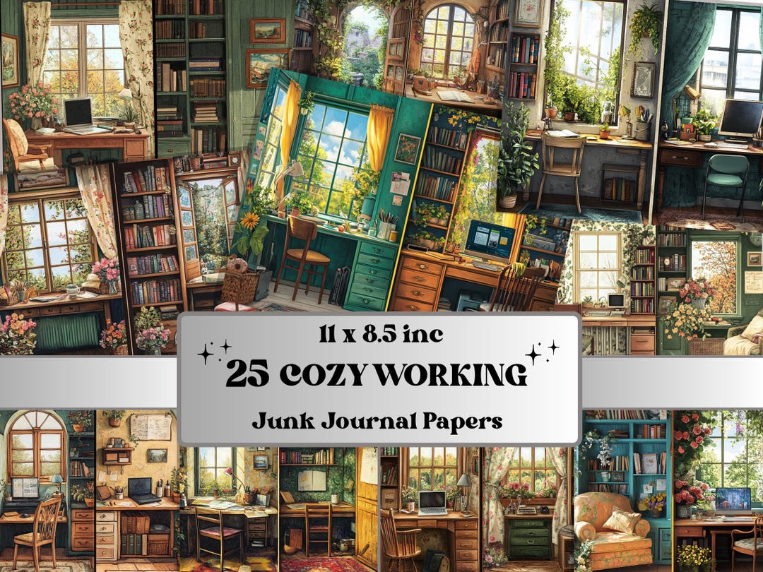 Cozy Working Corner Junk Journal Kit, Home Office Scenes Pages Ephemera ...