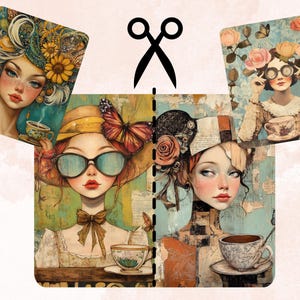Whimsy Tea Party Collage Paper, Surreal Tea Time Mixed Media Art Sheet ...