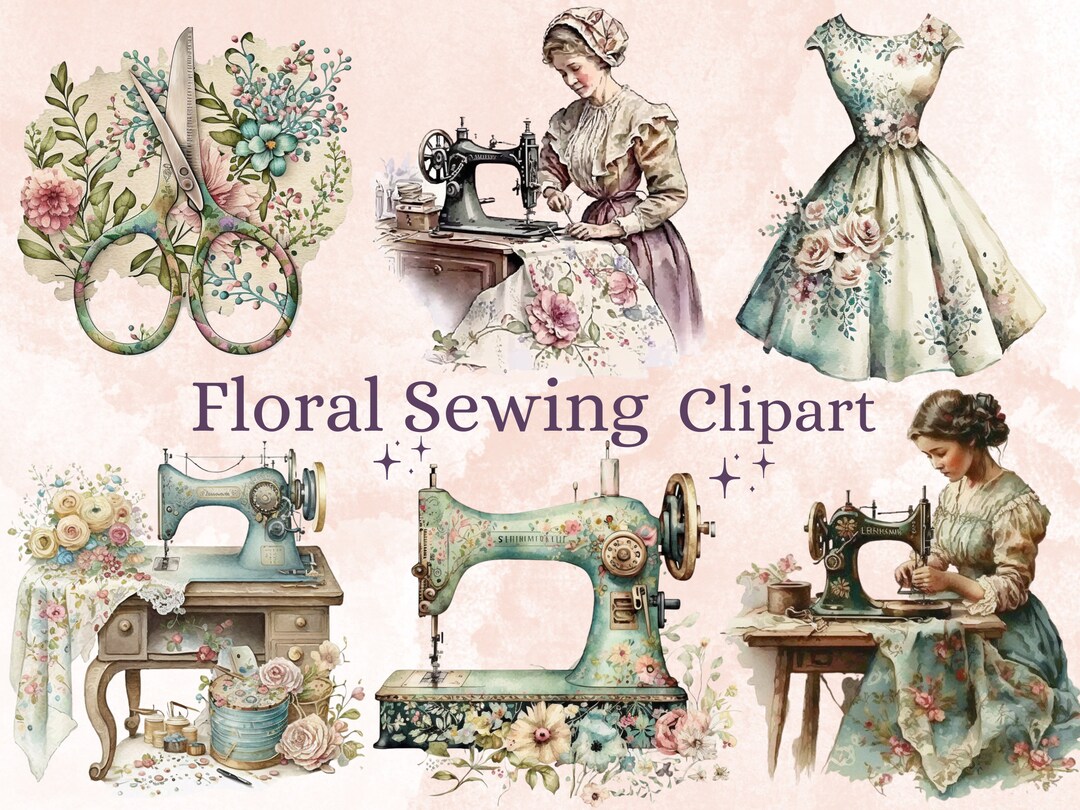 40 PNG Watercolor Vintage Floral Sewing Clipart, Sewing Machine Clip ...