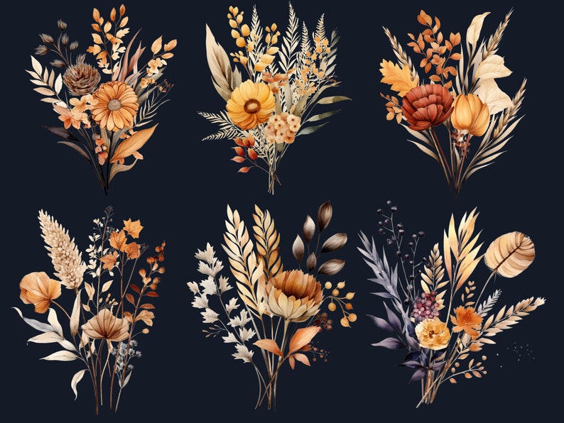 35 PNG Watercolor Fall Dried Flowers Clipart, Autumn Boho Wildflowers ...