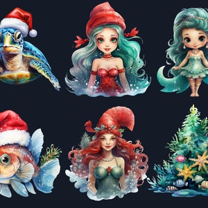 40 PNG Watercolour Christmas Mermaid Clipart, Christmas Underwater ...