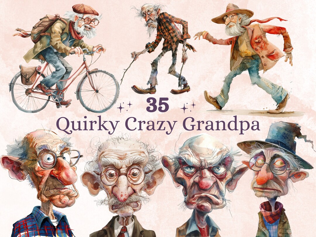 35 PNG Watercolor Quirky Crazy Grandpa Clipart, Whimsical Hippie Old ...