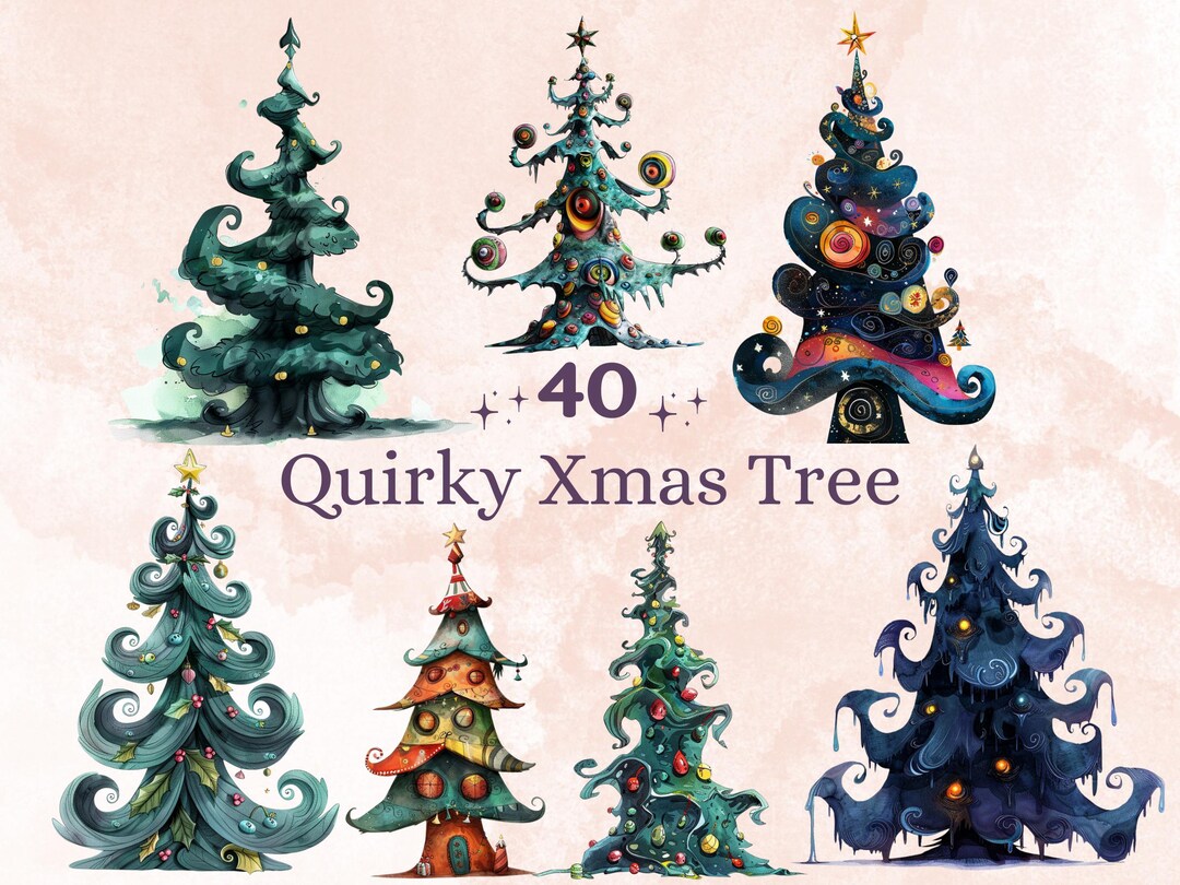 40 PNG Watercolor Whimsical Xmas Tree Clipart, Quirky Christmas ...