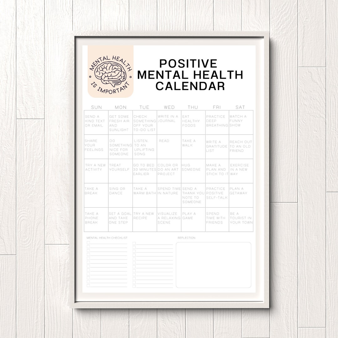 Positive Mental Health Calendar, Self Care Calendar, Mental Health ...