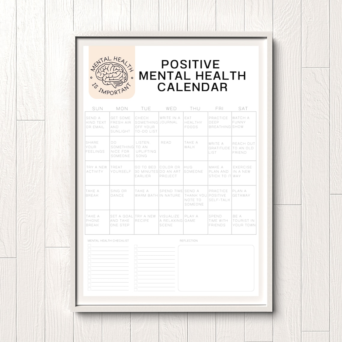 Positive Mental Health Calendar, Self Care Calendar, Mental Health ...