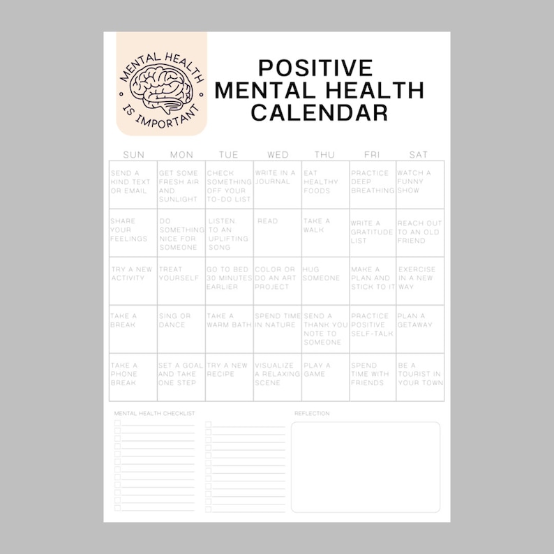 Positive Mental Health Calendar, Self Care Calendar, Mental Health ...