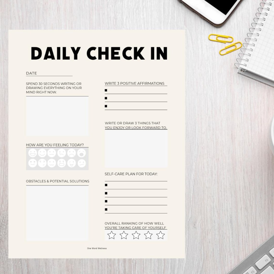 Daily Mental Health Check-in Worksheet, Self-care (digital Download PDF ...