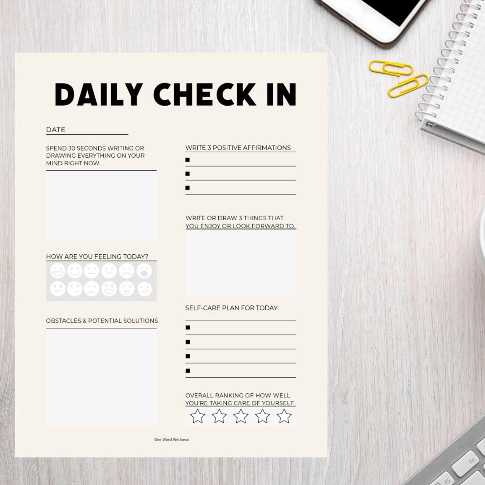 Daily Mental Health Check-in Worksheet, Self-care (digital Download PDF ...