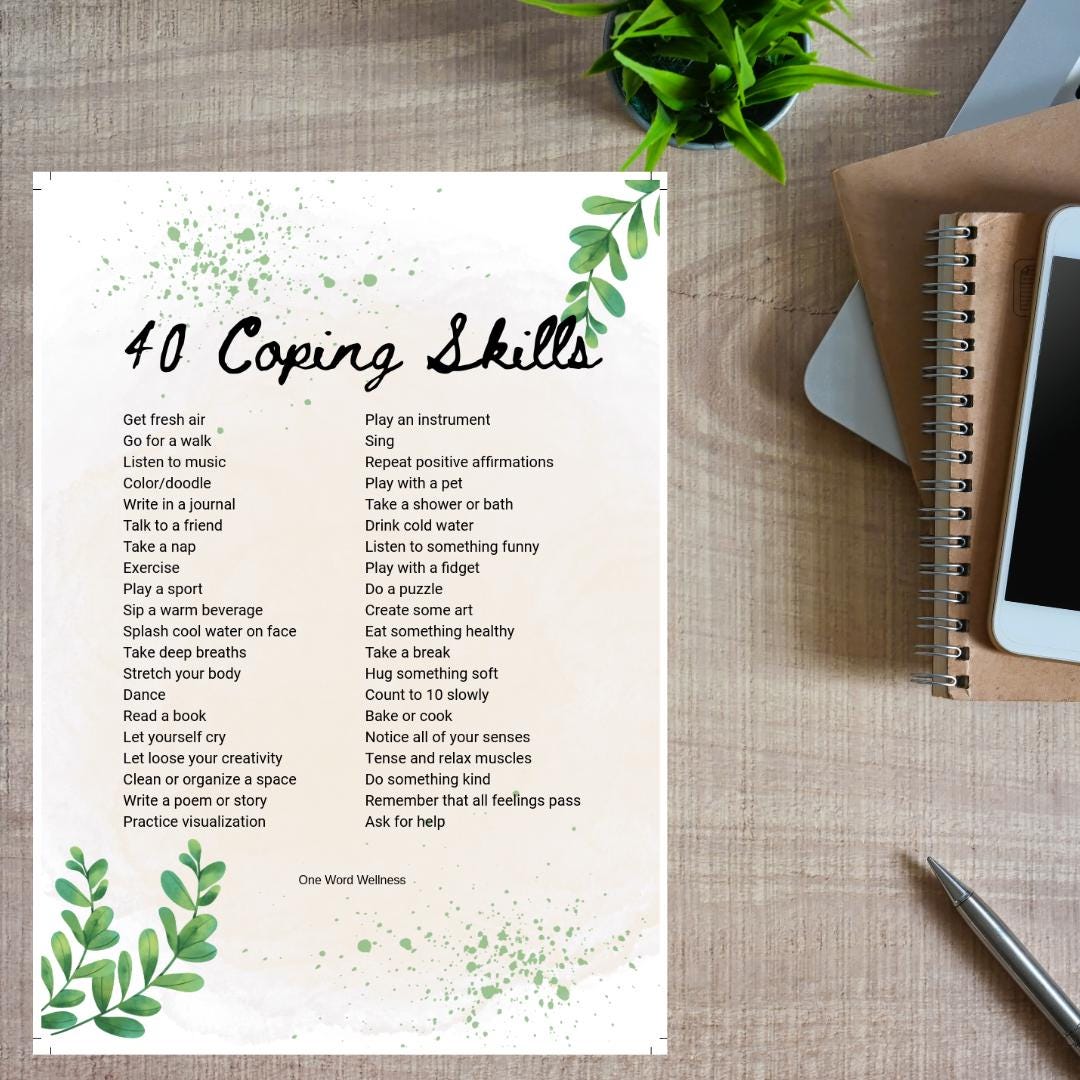 40 Coping Skills Printable, Therapy and Self-help, Stress Relief ...