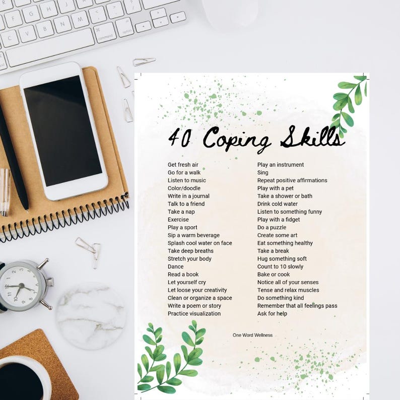 40 Coping Skills Printable, Therapy and Self-help, Stress Relief ...