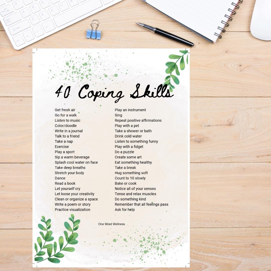 40 Coping Skills Printable, Therapy and Self-help, Stress Relief ...