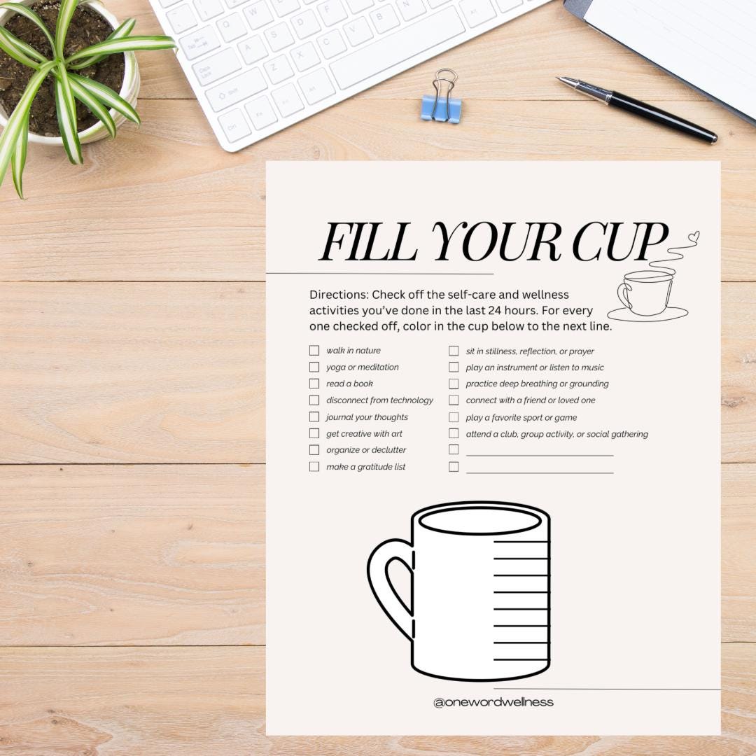 Fill Your Cup, School Counseling Activity, Therapy, Self-help Tools, Mental Health Printable ...