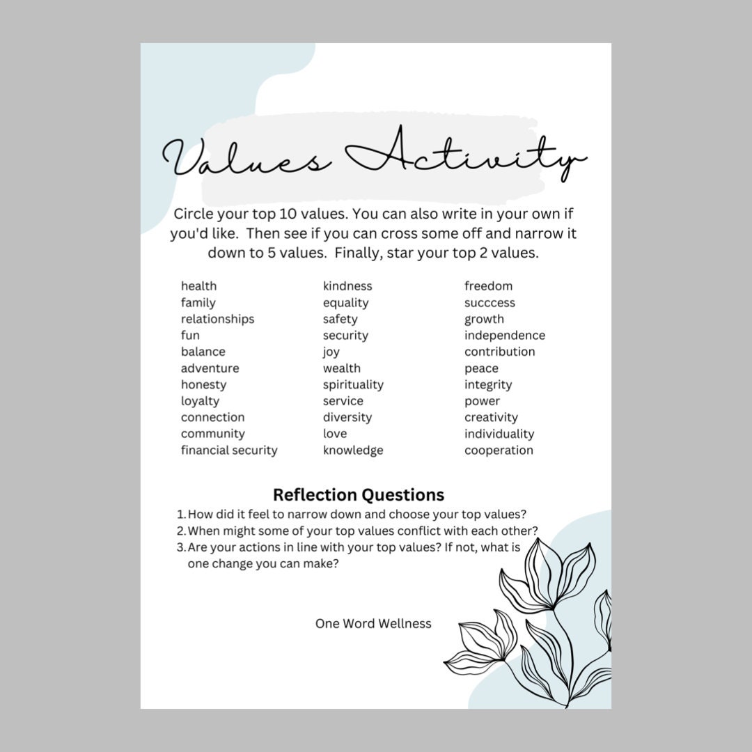 Core Values Activity Printable, Counseling Resource, Values Activity ...