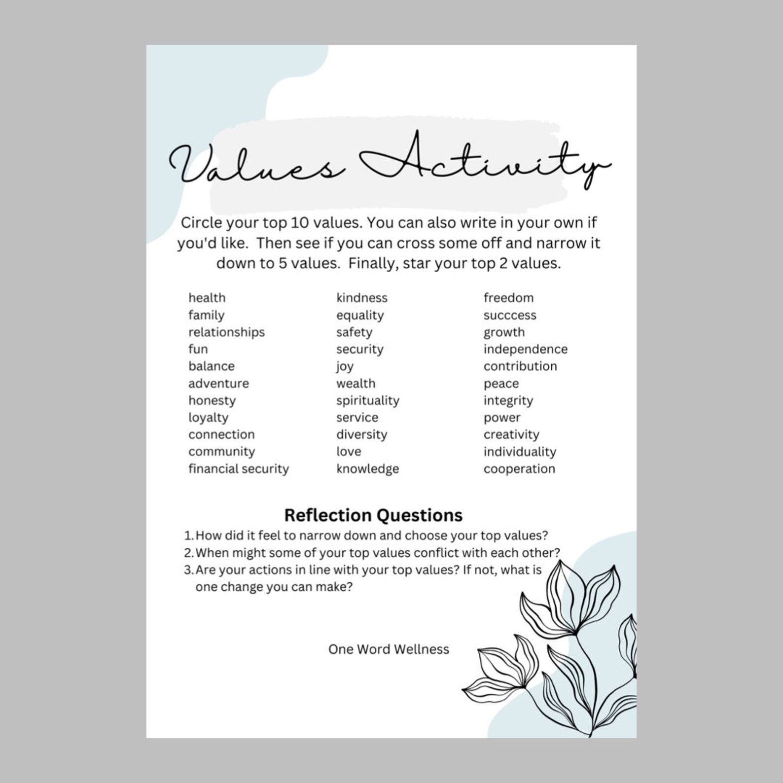Core Values Activity Printable, Counseling Resource, Mental Health ...