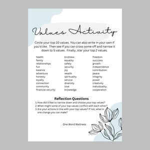 Core Values Activity Printable, Counseling Resource, Mental Health ...