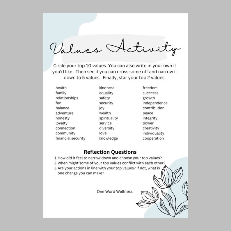 Core Values Activity Printable, Counseling Resource, Mental Health ...