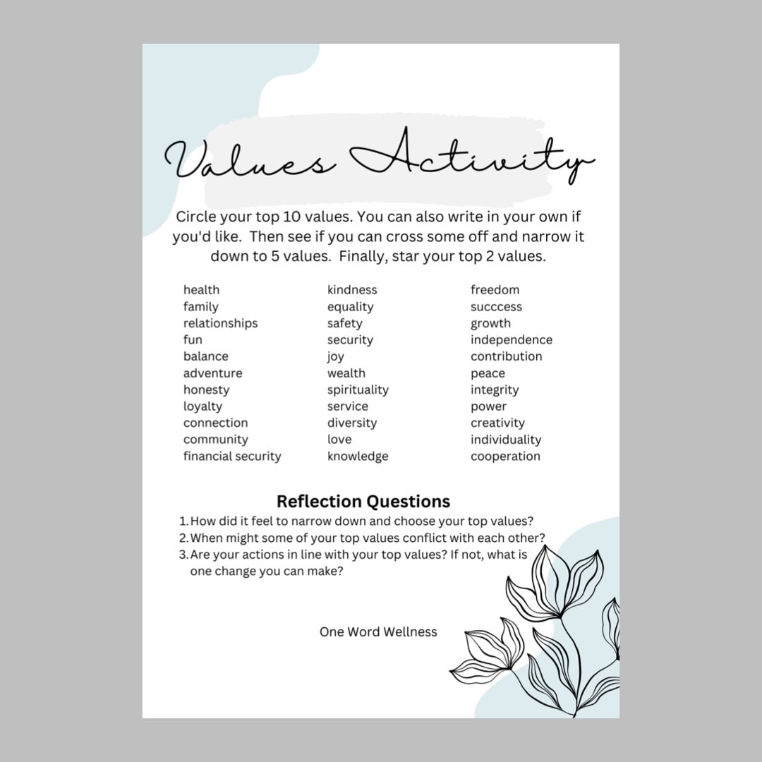 Core Values Activity Printable, Counseling Resource, Mental Health ...
