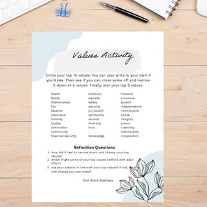 Core Values Activity Printable, Counseling Resource, Mental Health ...