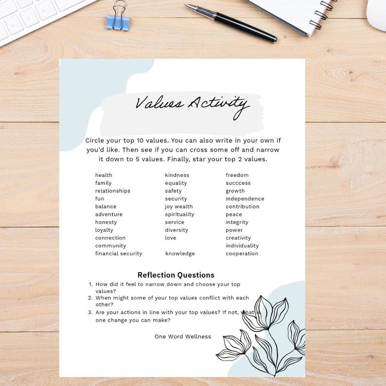 Core Values Activity Printable, Counseling Resource, Mental Health ...