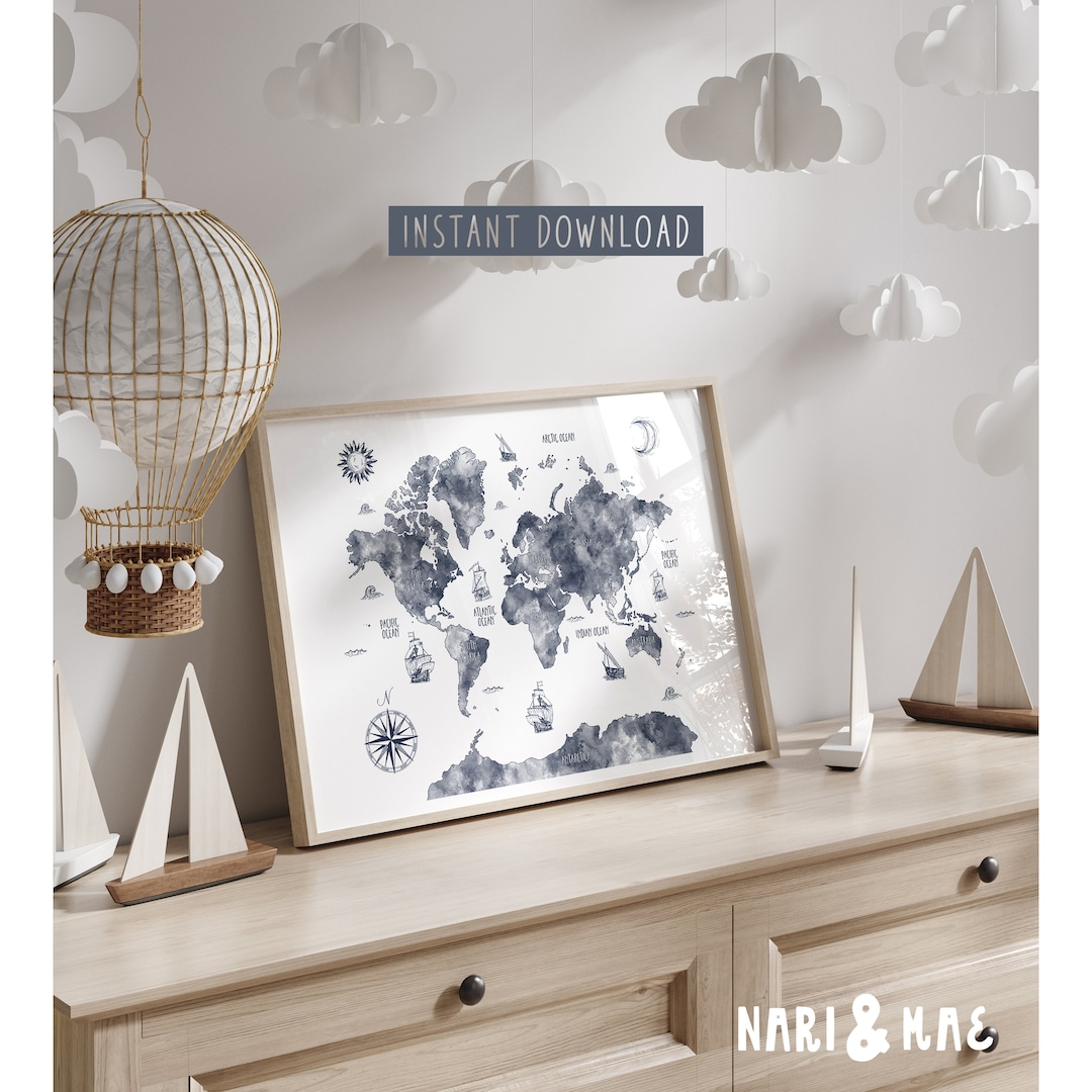 Navy Blue Map for Kids Room, Nautical Nursery, Printable World Map ...