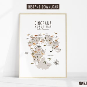 Jurassic Dinosaur World Map Printable, Dinosaur Wall Decor, Dinosaur ...