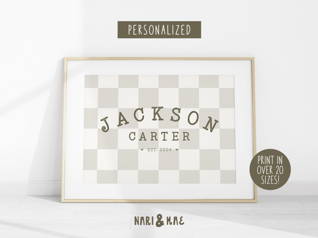 Checkered Nursery Name Sign, Personalized Nursery Print, Green Nursery ...
