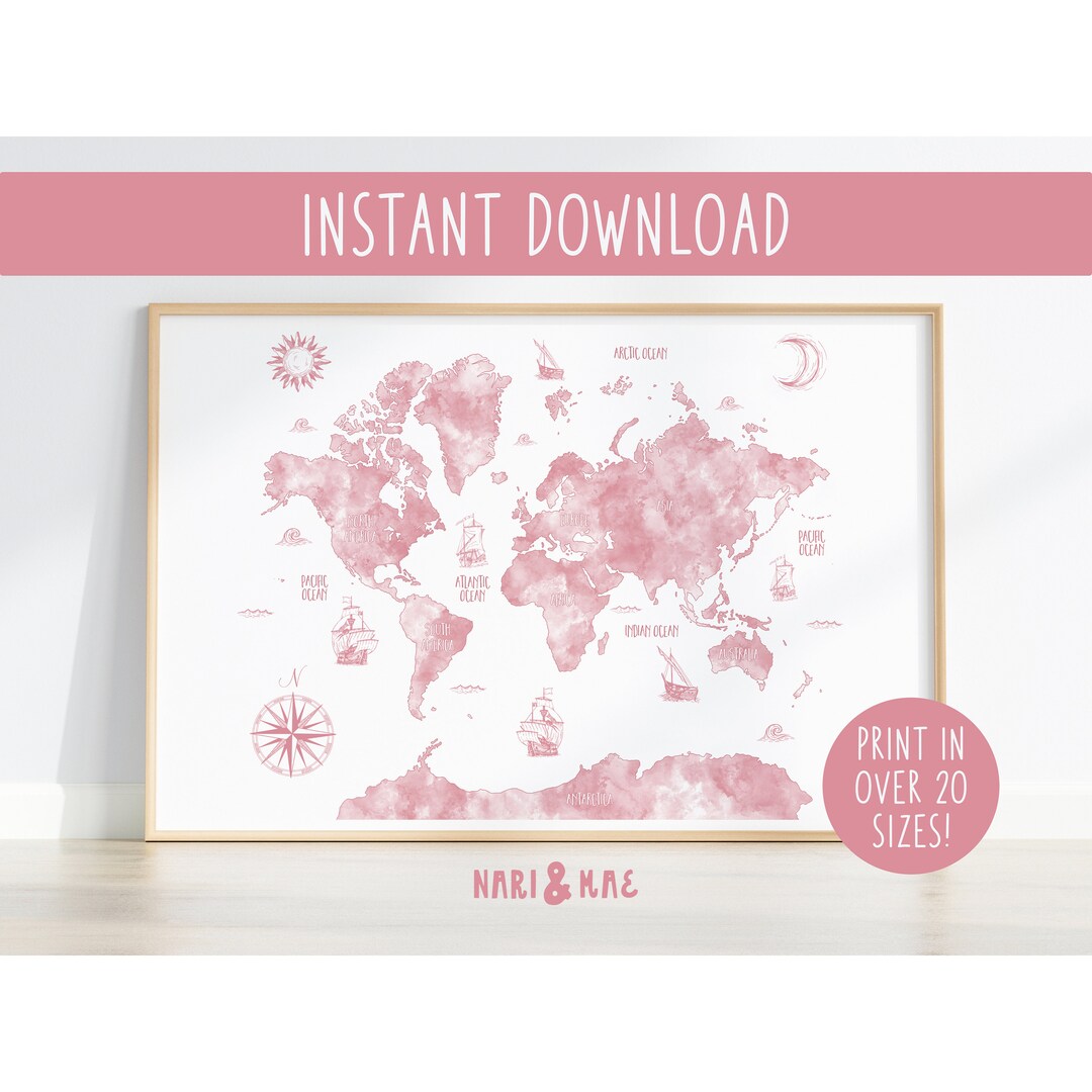 Pink Kids World Map, Watercolour World Map Wall Art, Printable World ...