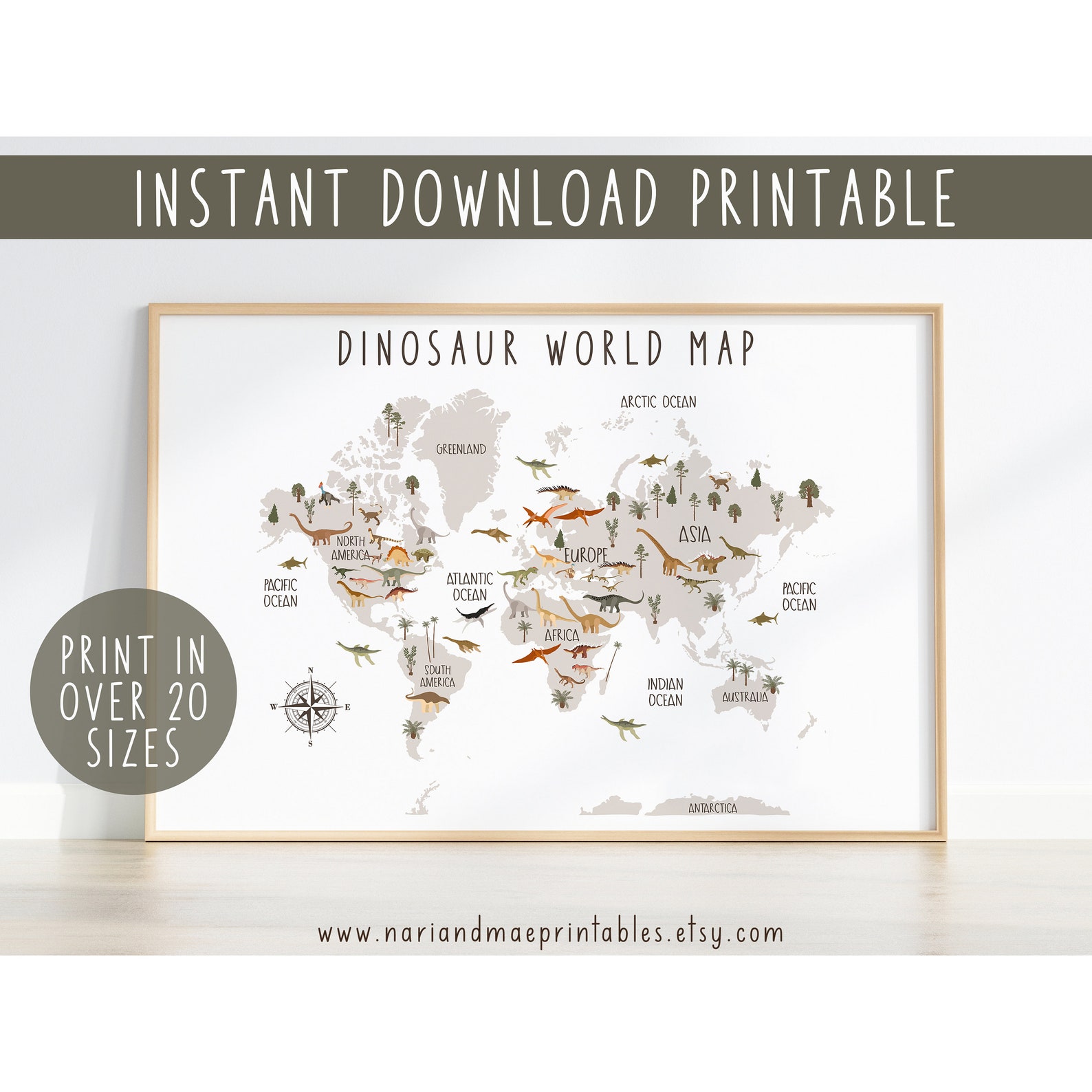 Dinosaur World Map Printable, Dinosaur Wall Decor Dinosaur Nursery ...