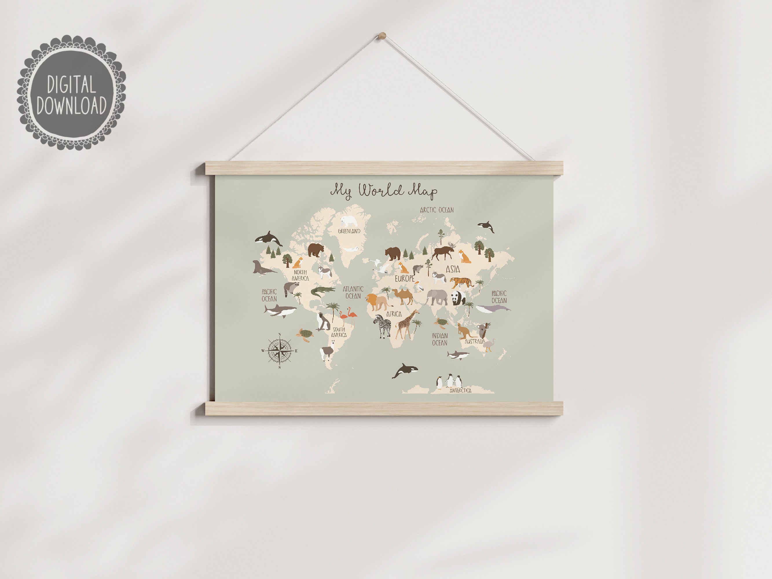 Animal World Map Educational Print Nursery Poster Safari Map Kids Room ...