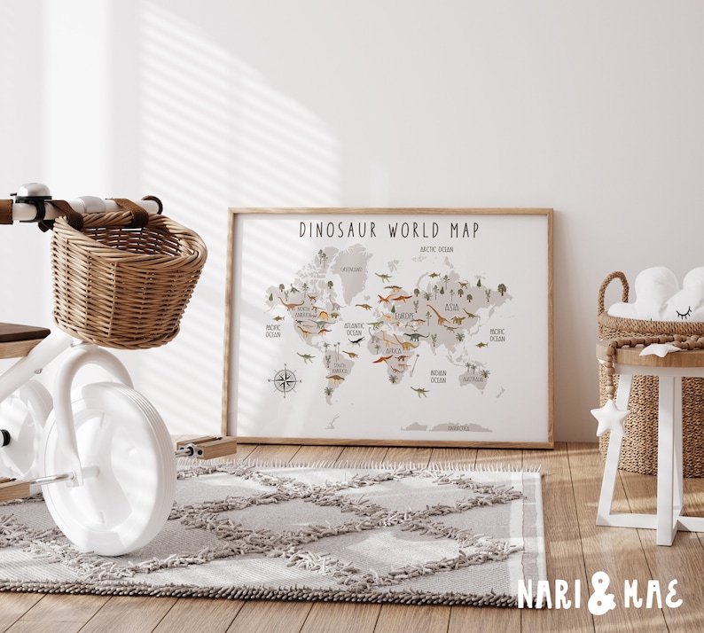 Dinosaur World Map Printable, Dinosaur Wall Decor Dinosaur Nursery ...