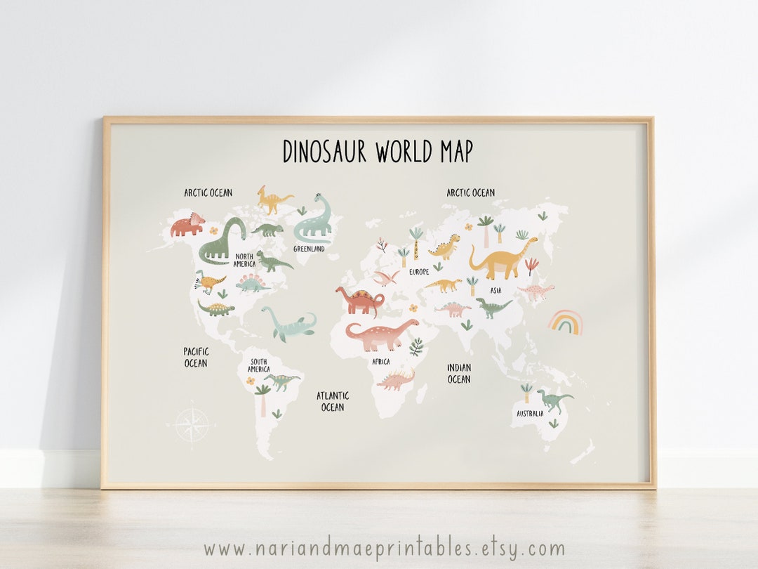 Dinosaur World Map Dinosaur Nursery Decor Dinosaur Nursery Wall Art ...