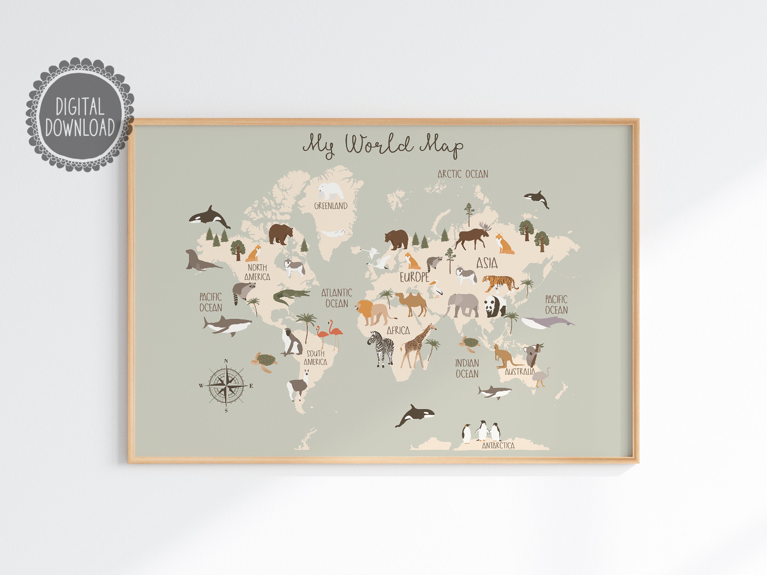 Animal World Map Educational Print Nursery Poster Safari Map Kids Room ...
