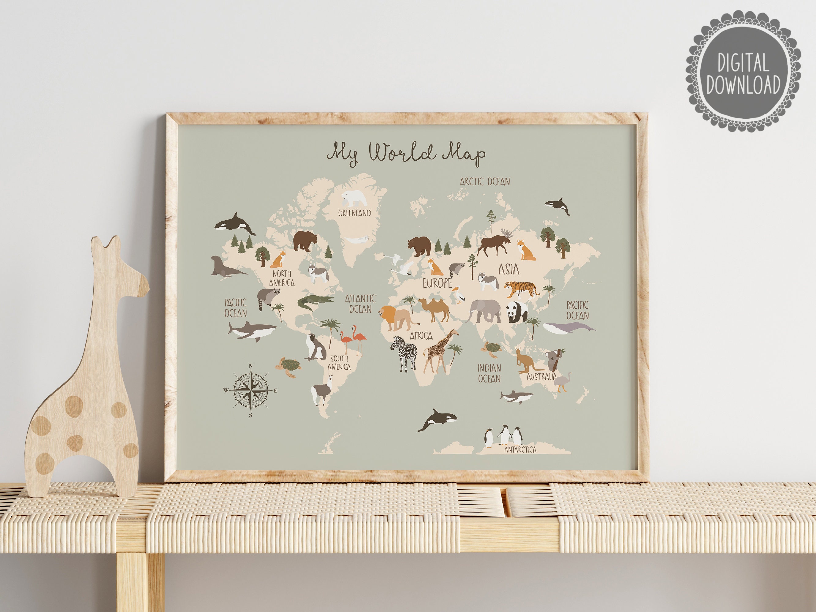 Animal World Map Educational Print Nursery Poster Safari Map Kids Room ...