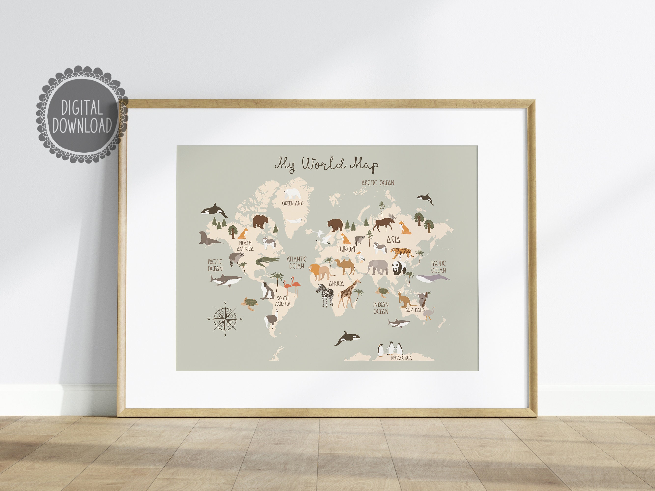 Animal World Map Educational Print Nursery Poster Safari Map Kids Room ...