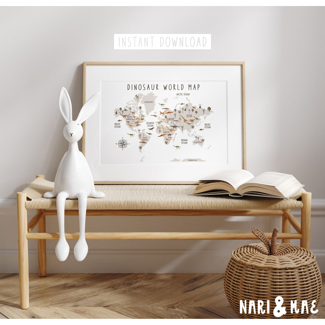 Dinosaur World Map Printable, Dinosaur Wall Decor Dinosaur Nursery ...