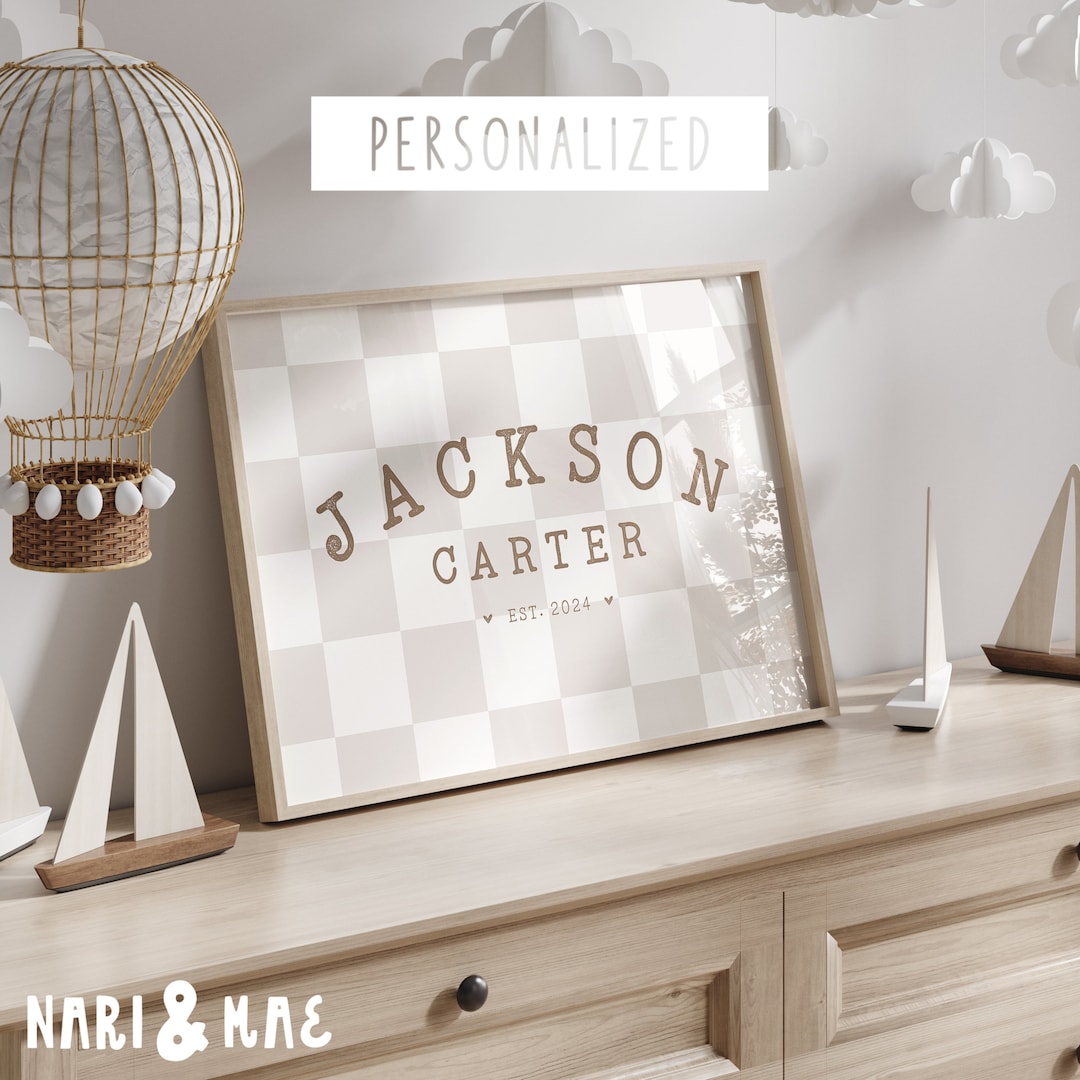 Checkered Nursery Name Sign, Personalized Nursery Print, Checkered Baby ...
