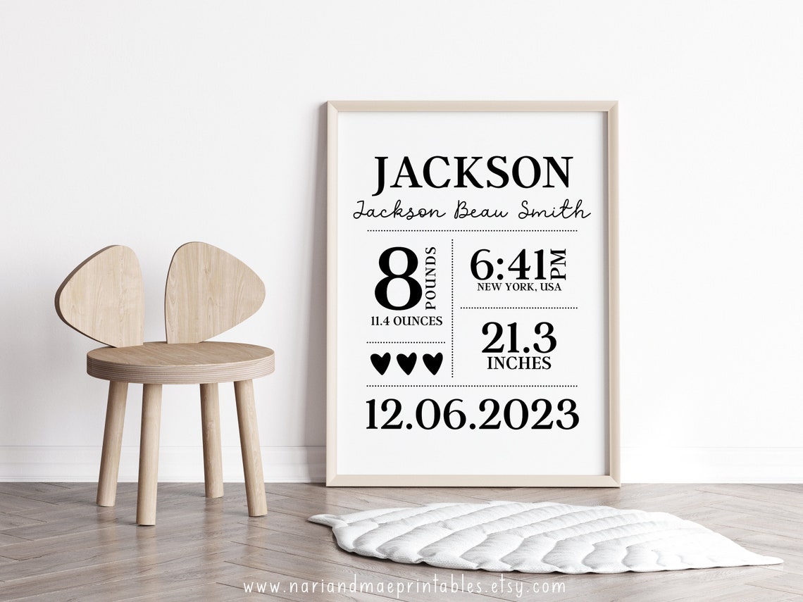 Minimalist Birth Stats Print, Birth Statistics Sign, Baby Birth ...