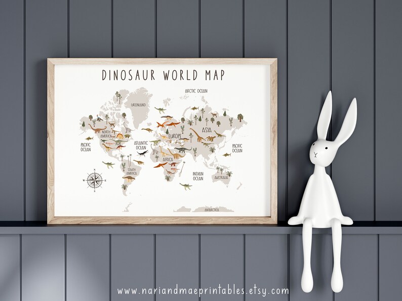 Dinosaur World Map Printable, Dinosaur Wall Decor Dinosaur Nursery ...