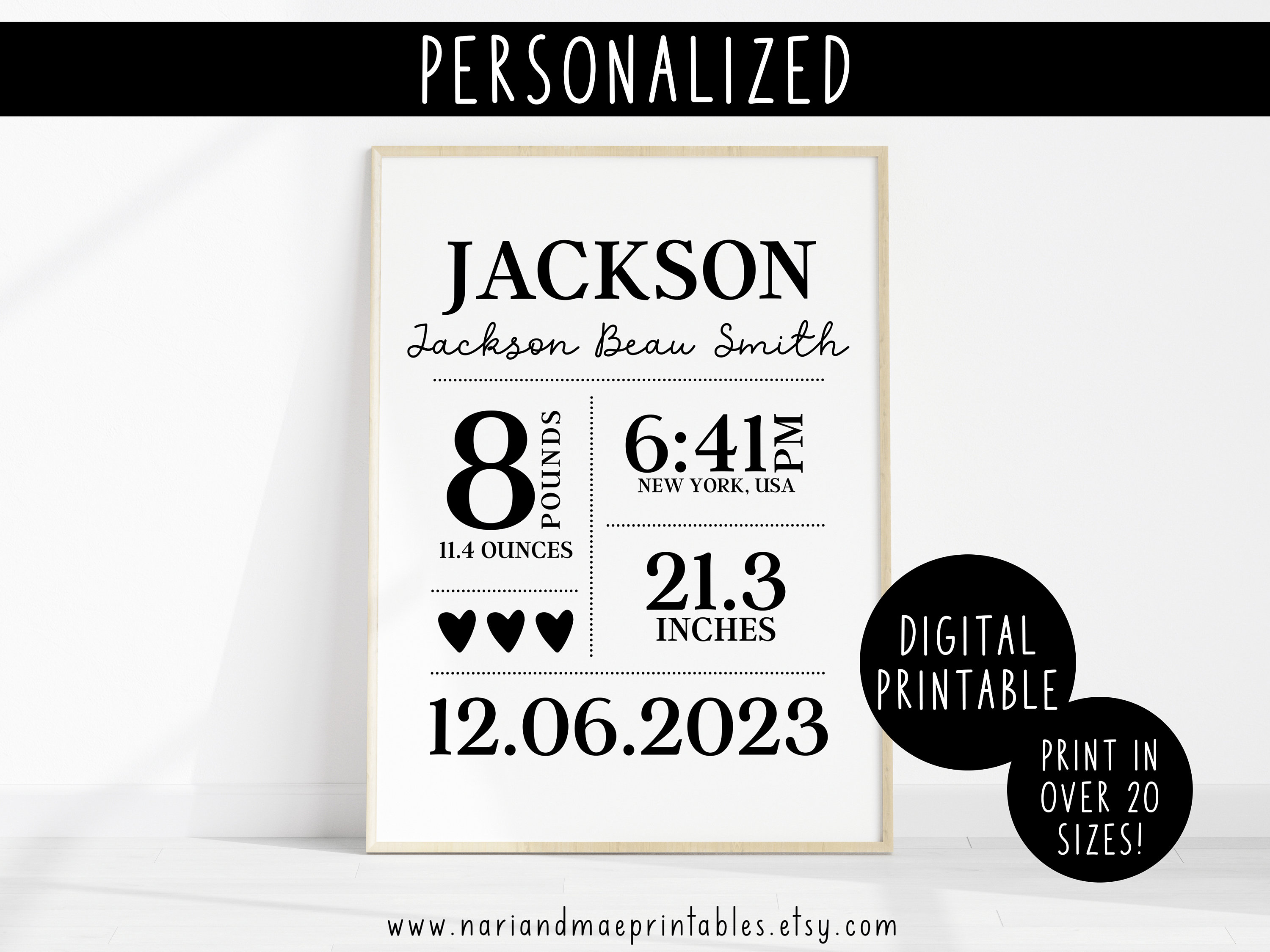 Minimalist Birth Stats Print, Birth Statistics Sign, Baby Birth ...