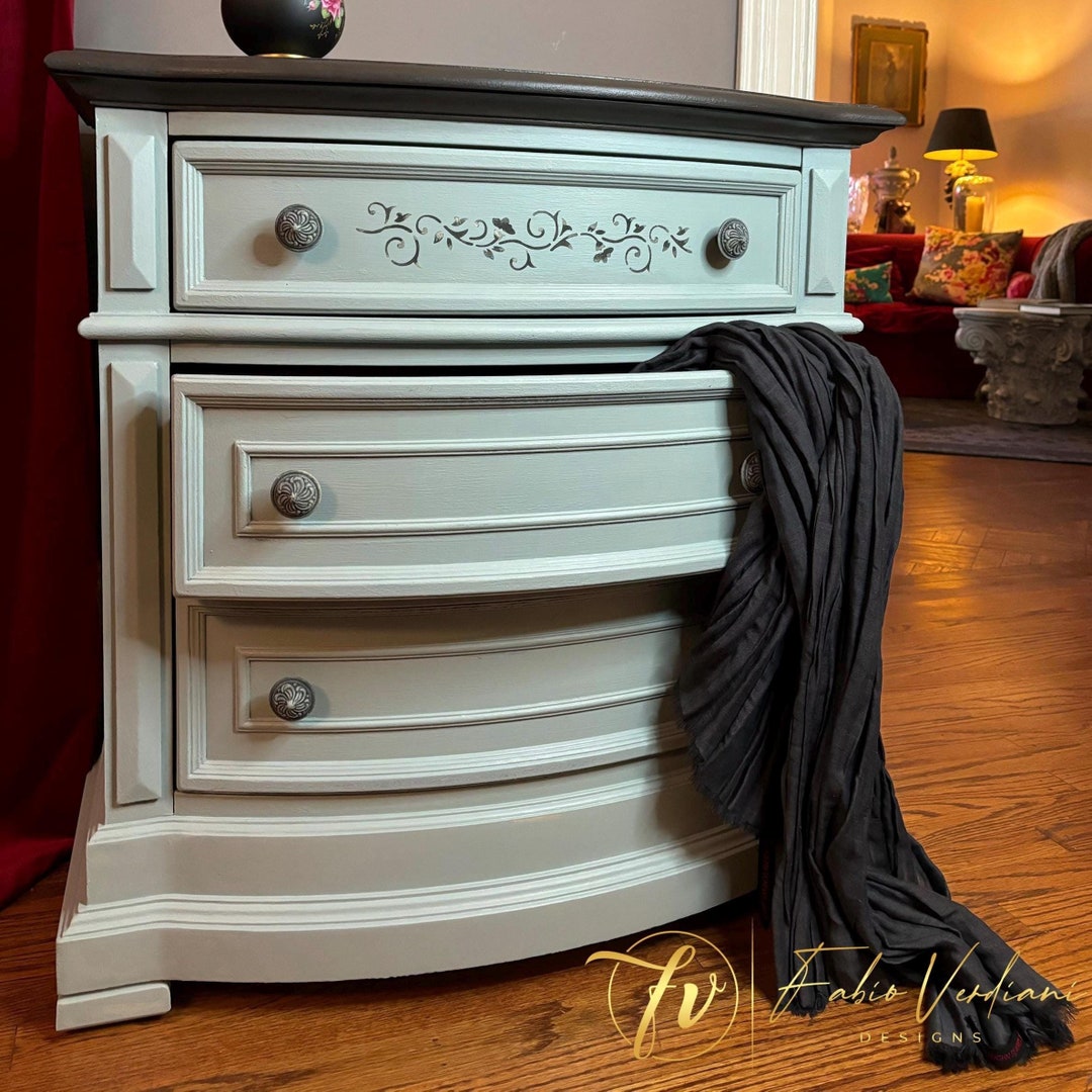 Victorian Style Nightstand: Light Blue & Graphite, Stenciled Satin ...