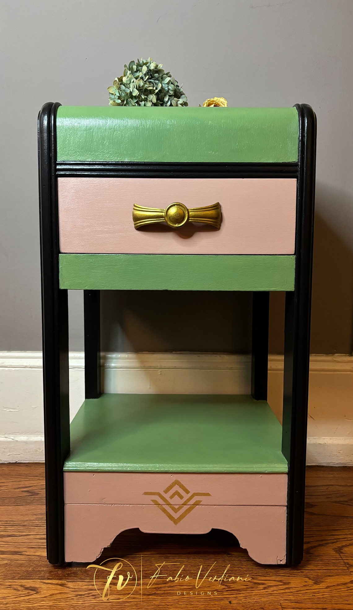 Art Deco Waterfall Nightstand Green, Black and Pink - Etsy