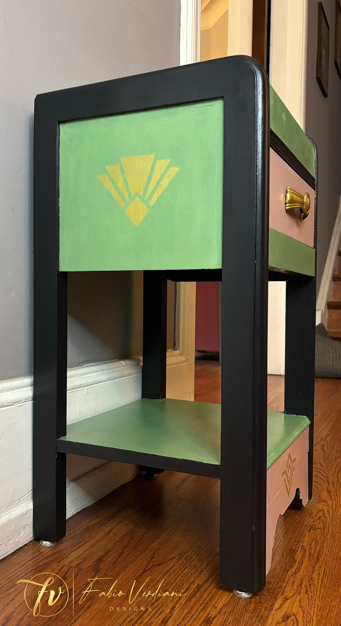 Art Deco Waterfall Nightstand Green, Black and Pink - Etsy