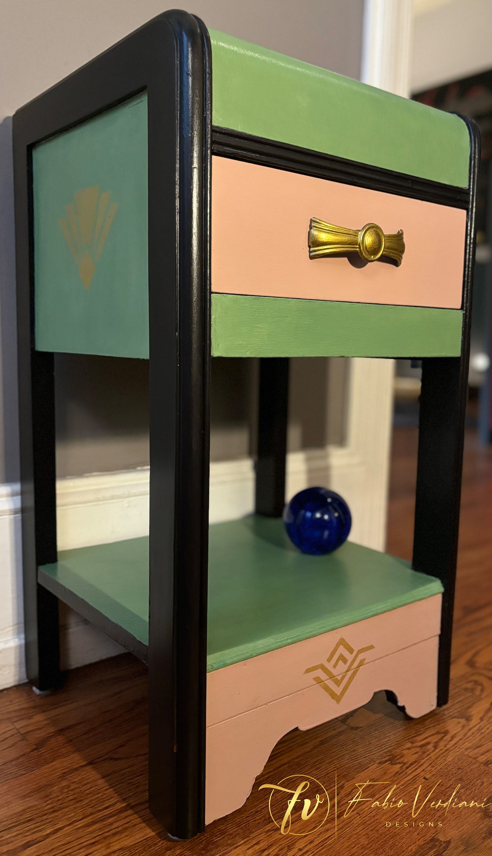 Art Deco Waterfall Nightstand Green, Black and Pink - Etsy