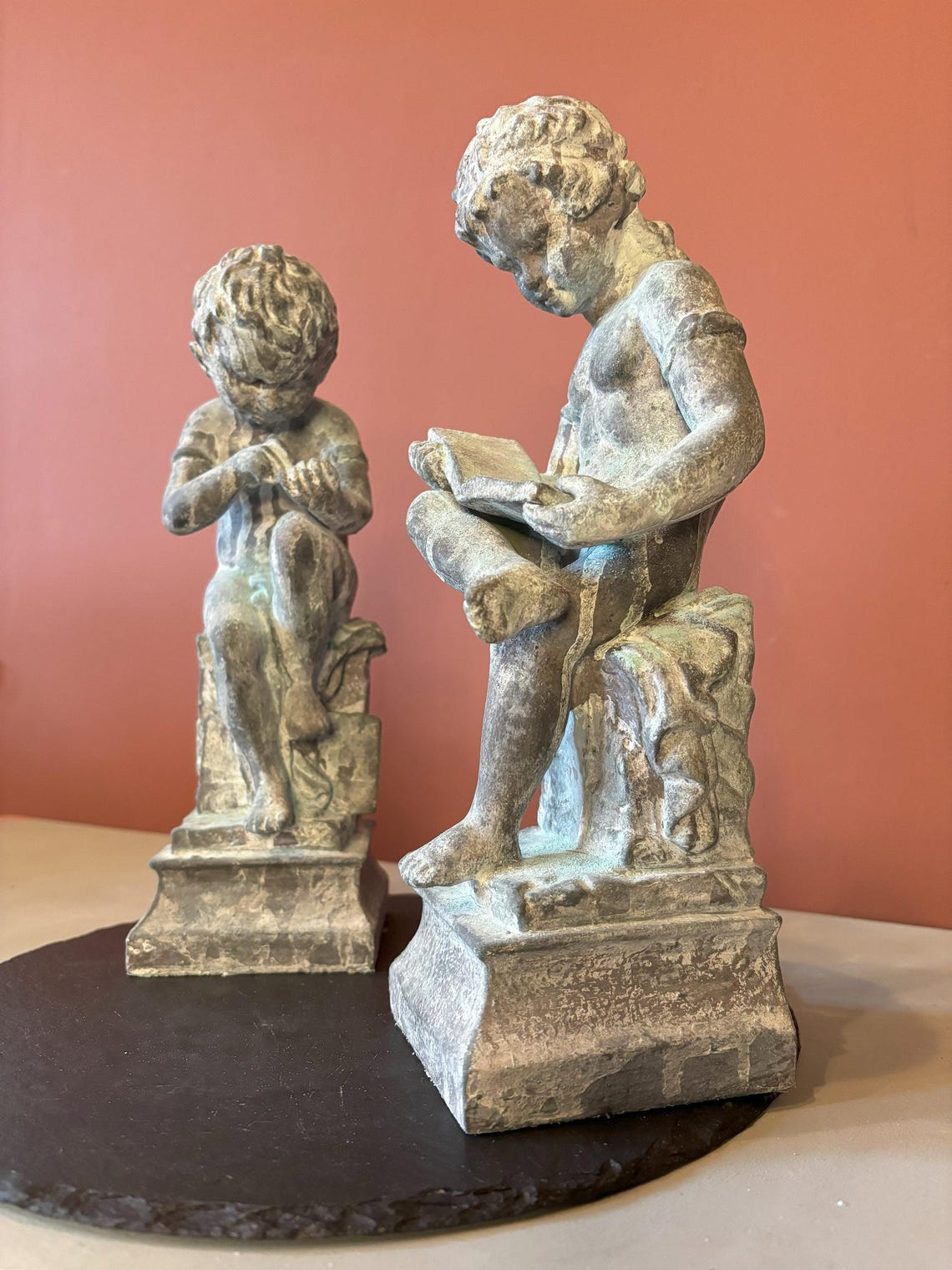 2 Small Statues of Young Boys Reading- Slate Grey and Verdigris Milk ...