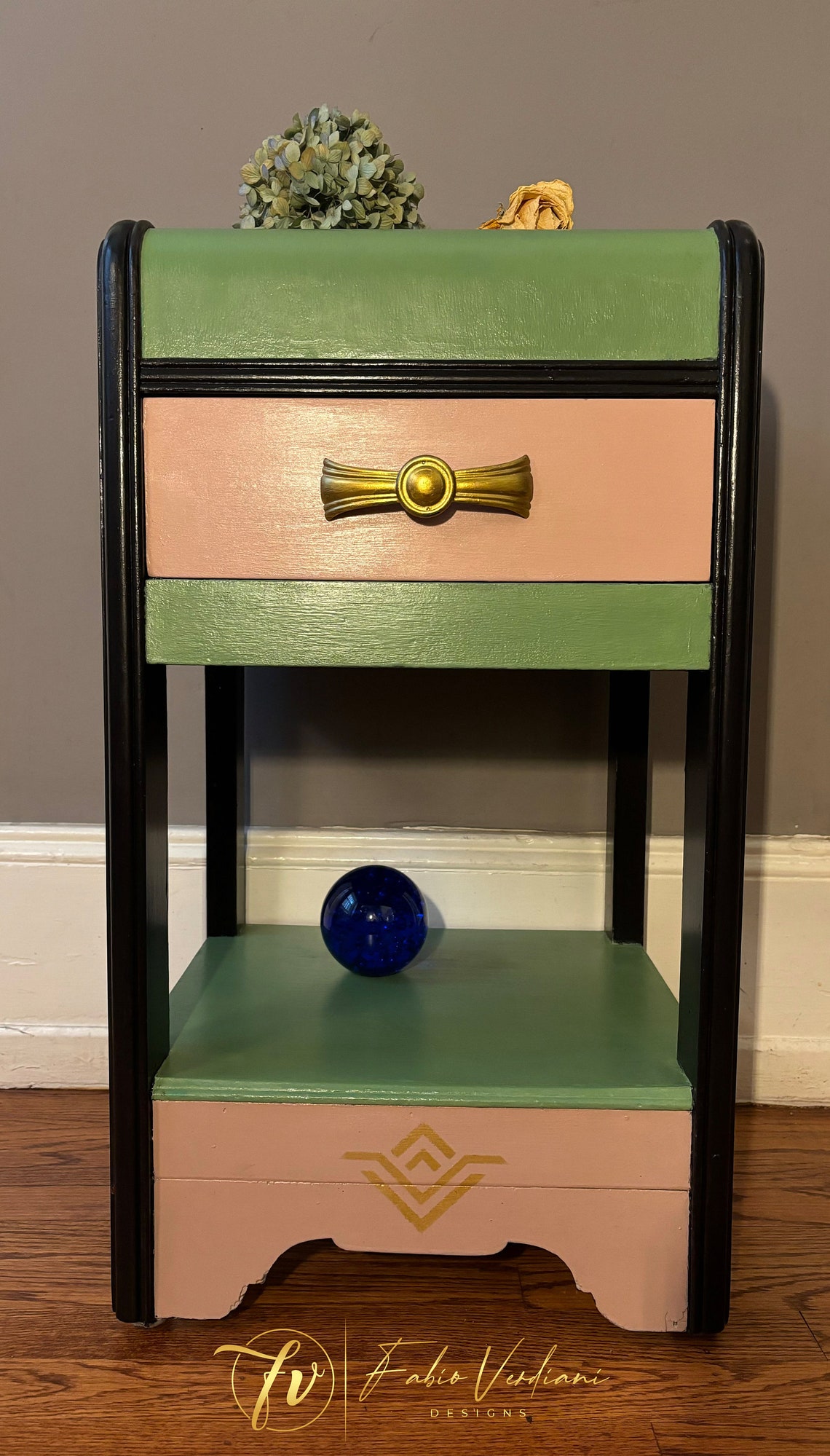 Art Deco Waterfall Nightstand Green, Black and Pink - Etsy