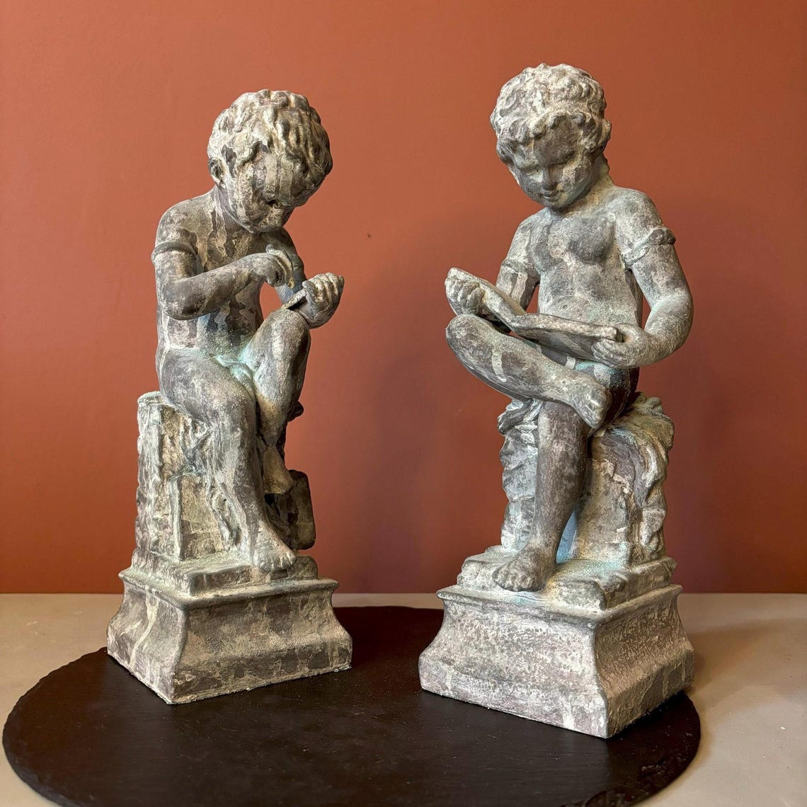 2 Small Statues of Young Boys Reading- Slate Grey and Verdigris Milk ...