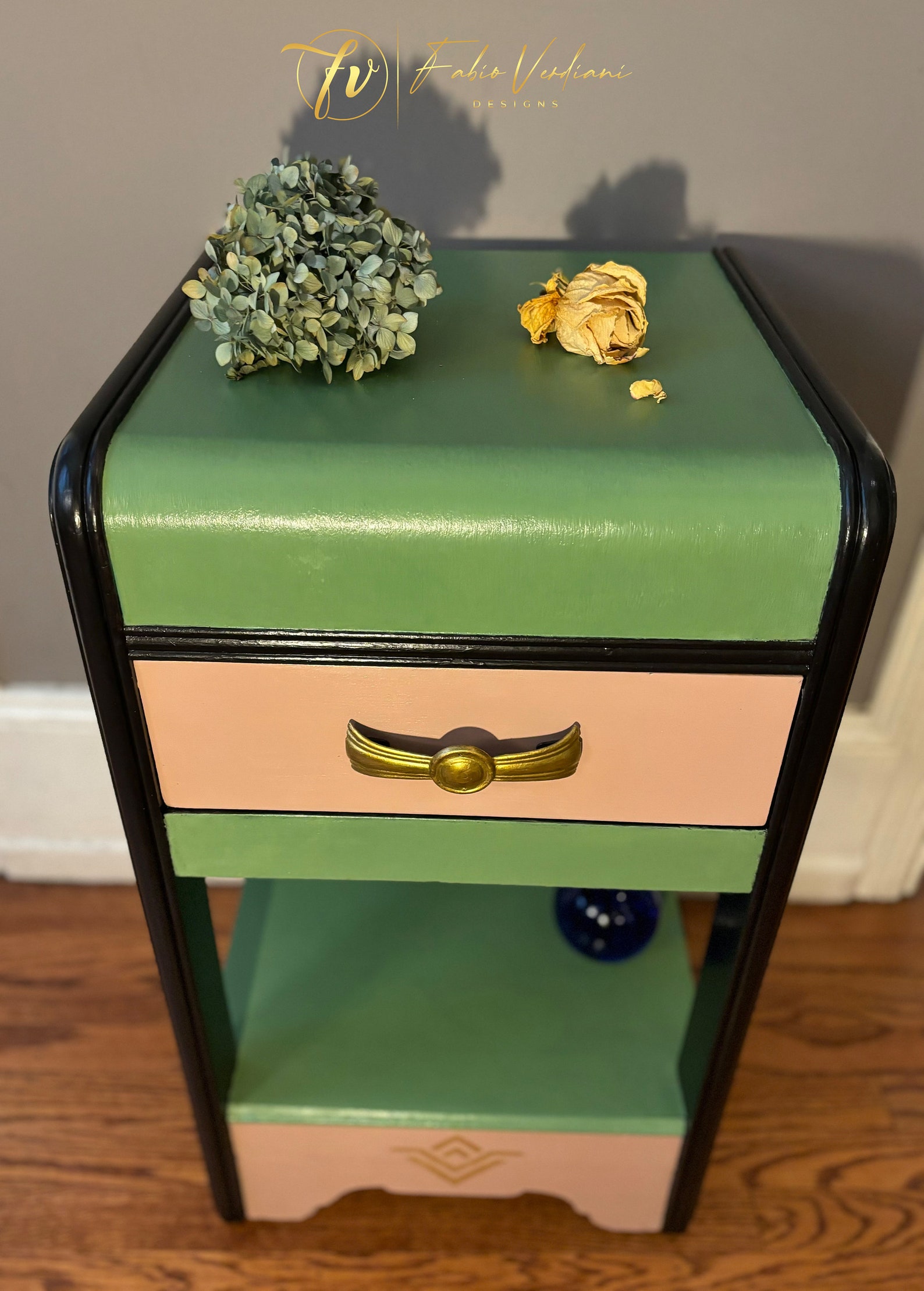 Art Deco Waterfall Nightstand Green, Black and Pink - Etsy