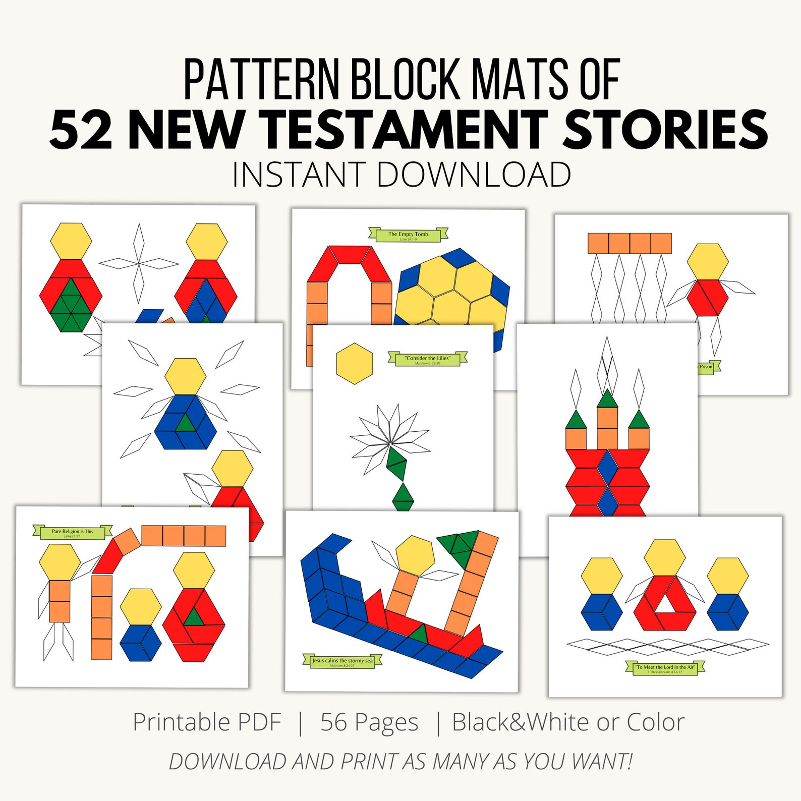 52 Bible Pattern Block Templates of New Testament Scripture Verses Come ...